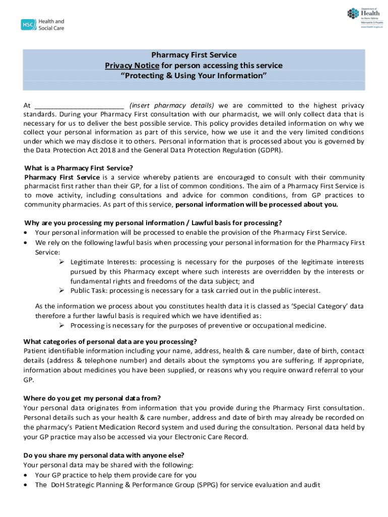 Fillable Online Pharmacy First Service Privacy Notice for person accessing ... Fax Email Print ...