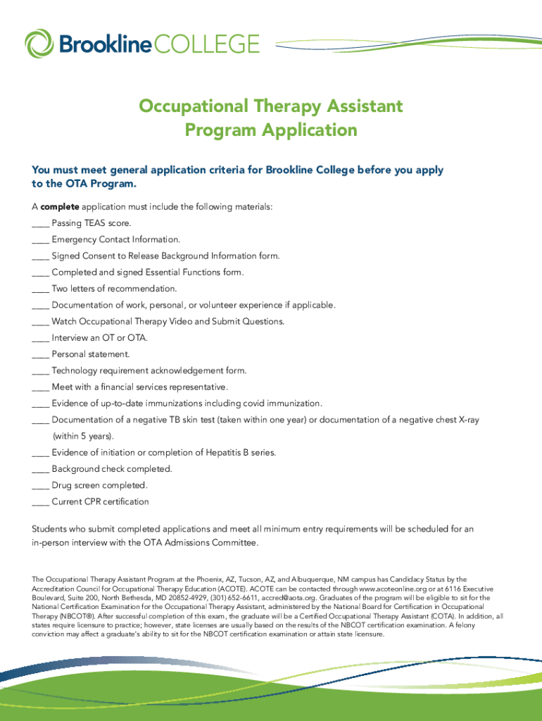 Fillable Online Application for OTA Program - Kent State University Fax ...