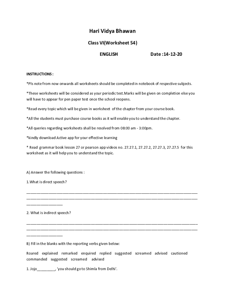 Fillable Online Class VI(Worksheet 54) Fax Email Print - pdfFiller