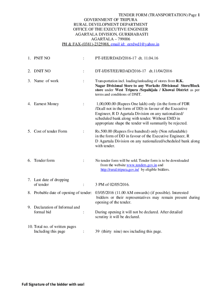 Fillable Online rural tripura gov Tender Form (Transportation) Page 1 ...