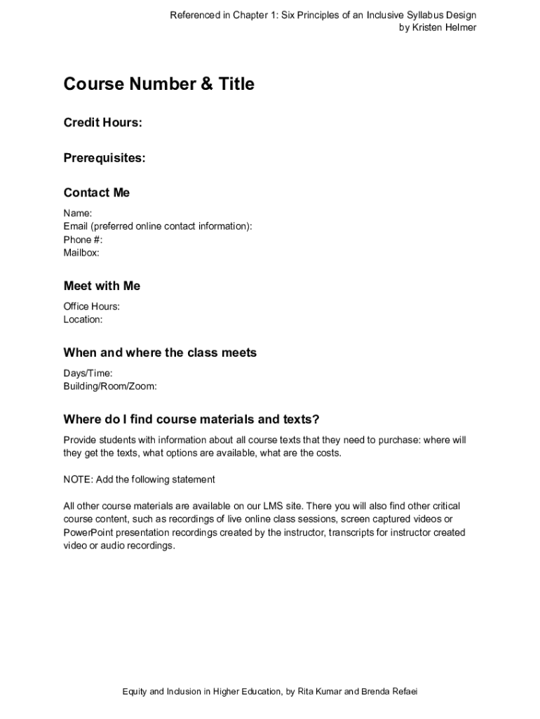 Fillable Online Referenced in Chapter 1: Six Principles of an Inclusive Syllabus Design Fax ...