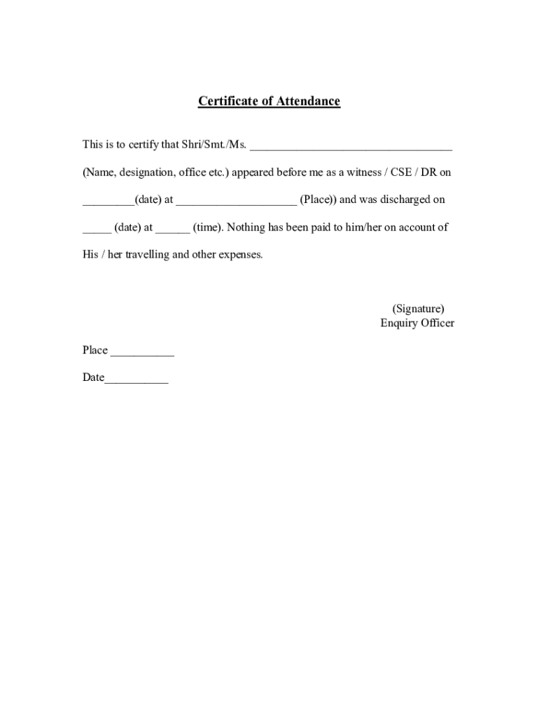 Fillable Online Certificate of Attendance by Enquiry Officer Fax Email Print - pdfFiller