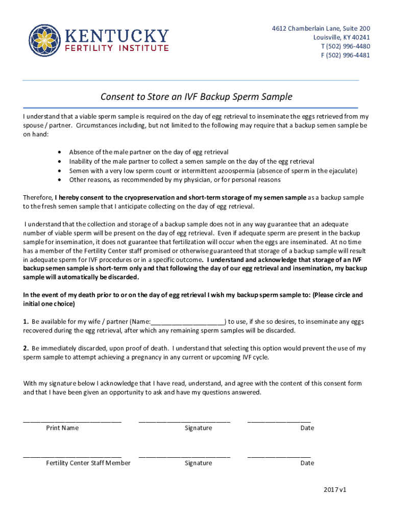 Fillable Online Consent to Store an IVF Backup Sperm Sample Fax Email ...