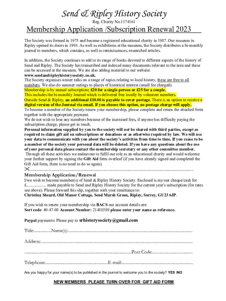 Fillable Online sendandripleyhistorysociety co S&RHS Membership form ...