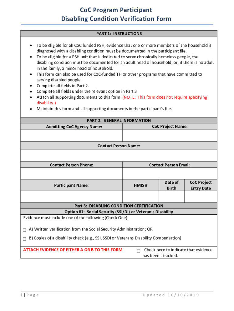 Fillable Online CoC Program Participant Disability Verification Form Fax Email Print - pdfFiller