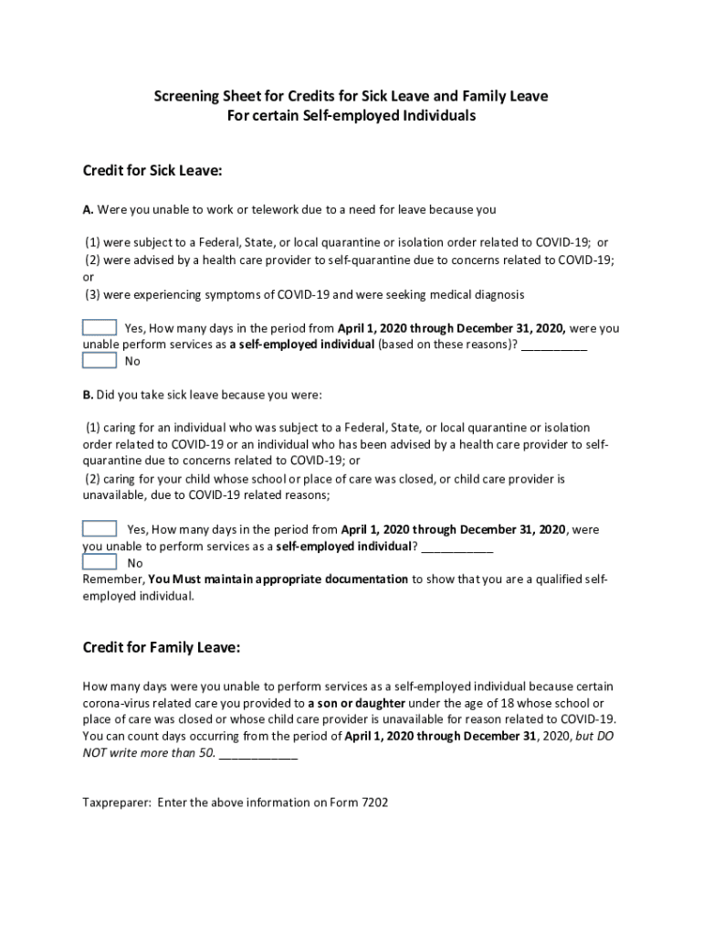 Fillable Online Screening Sheet for Credits for Sick Leave and Family ...