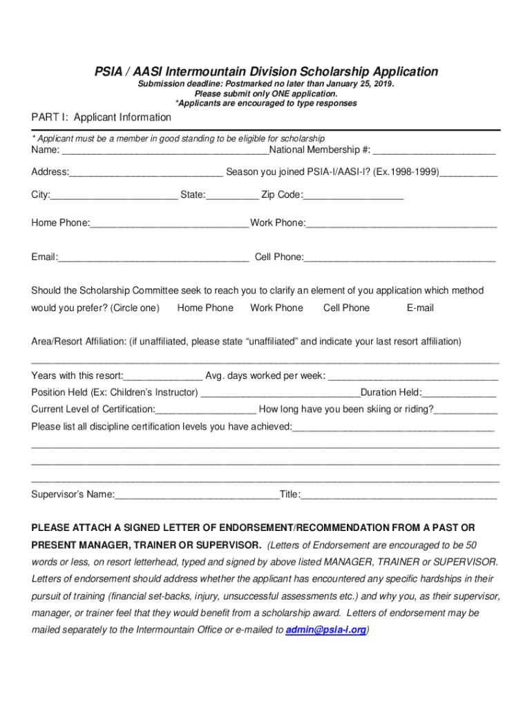 Fillable Online PSIA / AASI Intermountain Division Scholarship ...