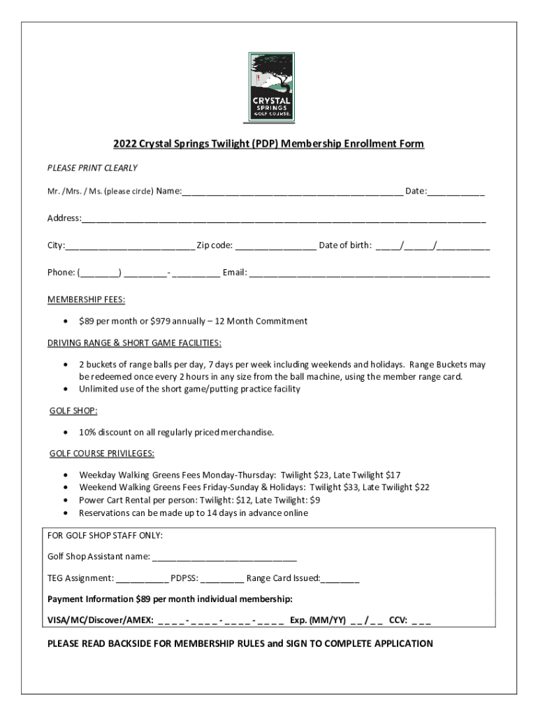 Fillable Online 2022 Crystal Springs Twilight (PDP) Membership ...