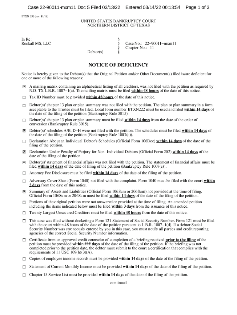 Fillable Online NOTICE OF DEFICIENCY - Stretto Fax Email Print - pdfFiller