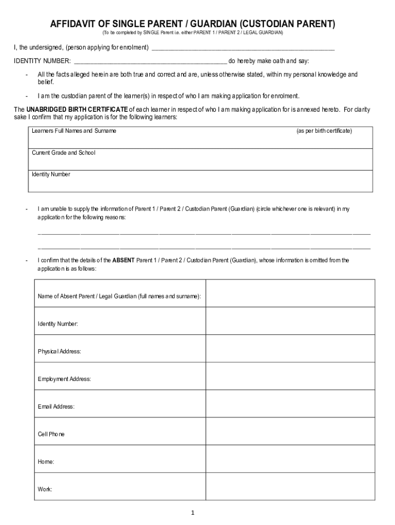 Fillable Online AFFIDAVIT OF SINGLE PARENT / GUARDIAN (CUSTODIAN ...