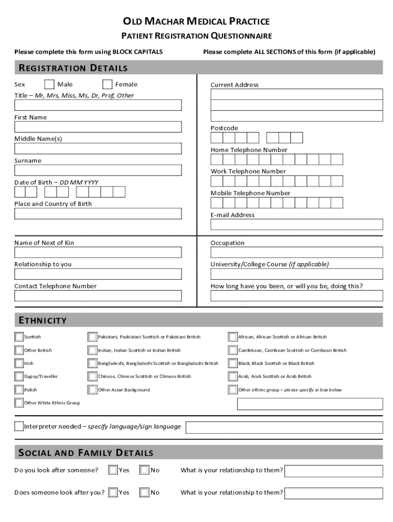 Fillable Online patient registration questionnaire - Old Machar Medical ...