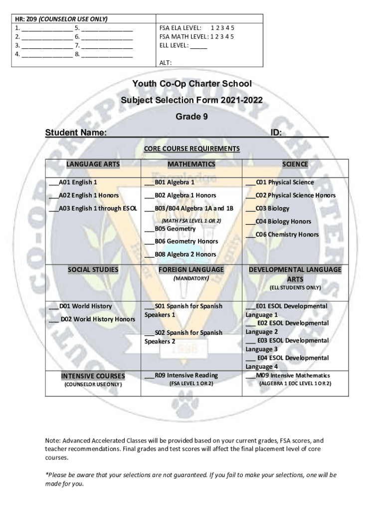 Fillable Online Subject Selection Form Grade 9 Paper Fax Email Print ...