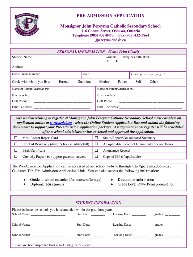 Fillable Online PRE-ADMISSION APPLICATION Monsignor John Pereyma ... Fax Email Print - pdfFiller