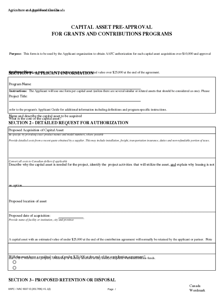 Fillable Online AAFC / AAC 9337-E. CAPITAL ASSET PRE-APPROVAL FORM Fax ...