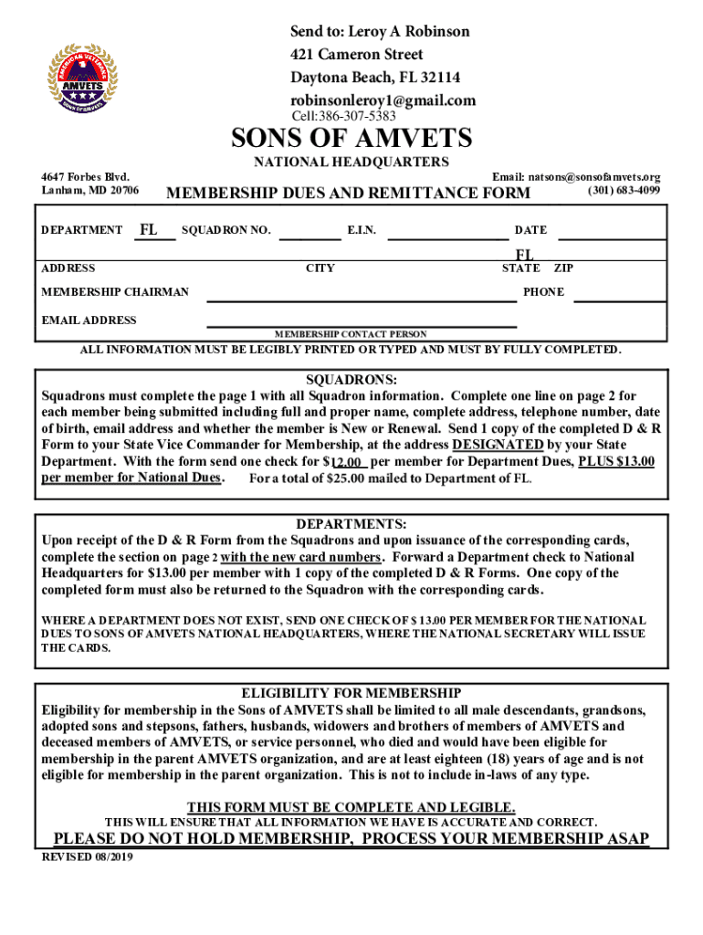Fillable Online SONS OF AMVETS D&R FORM Fax Email Print - pdfFiller