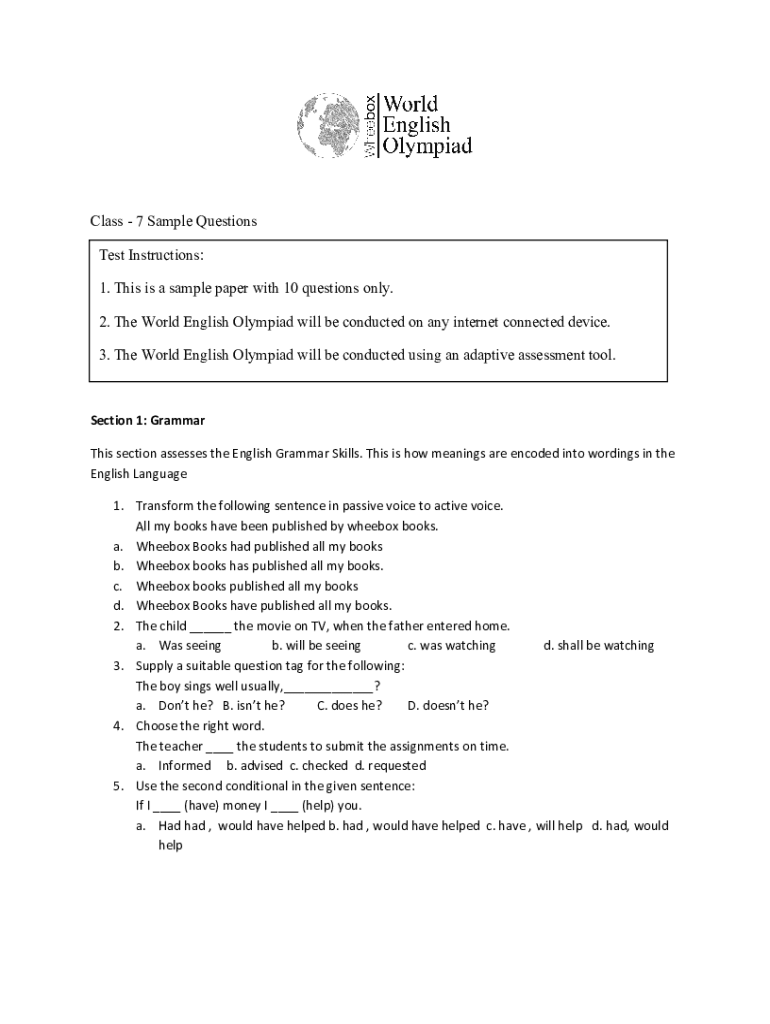 Fillable Online Class - 7 Sample Questions Fax Email Print - pdfFiller
