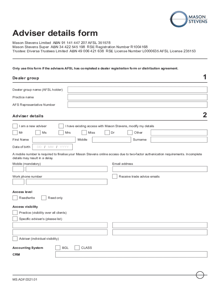 Fillable Online Adviser Details Form. Adviser Details Form Fax Email ...