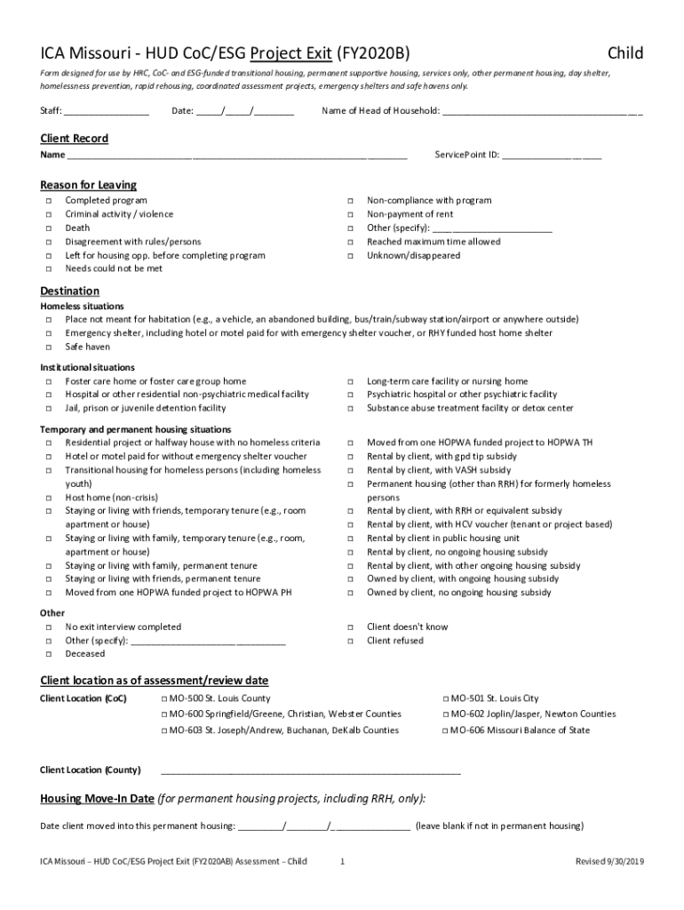 Fillable Online ICA Missouri - HUD CoC/ESG Project Exit (FY2020B) Child ...