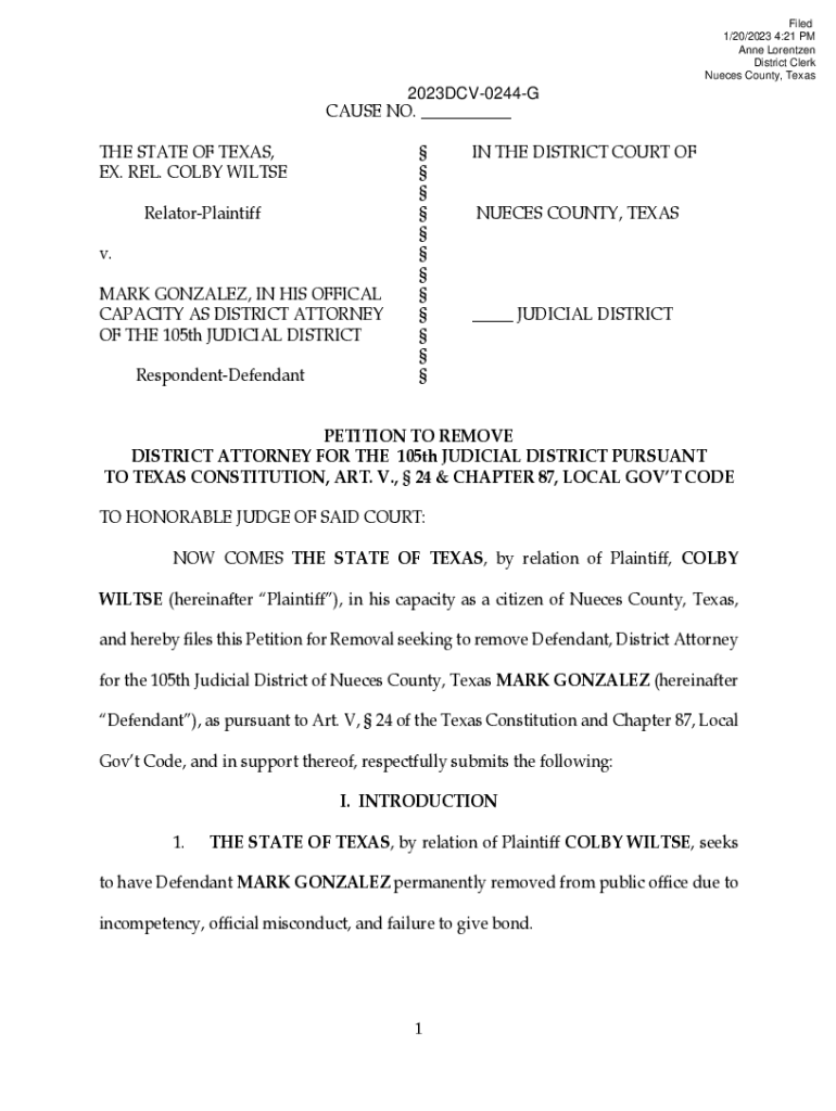 Fillable Online THE STATE OF TEXAS, EX. REL. COLBY WILTSE Relator ...