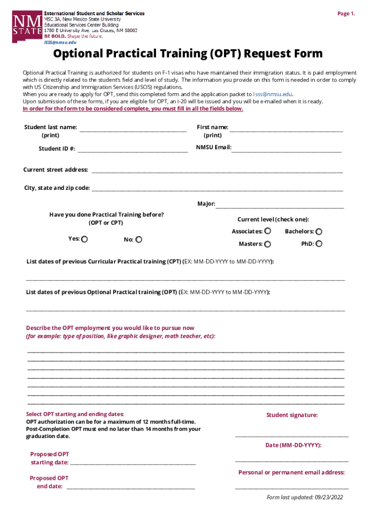 Fillable Online isss nmsu OPT Enrollment Form Fax Email Print - pdfFiller