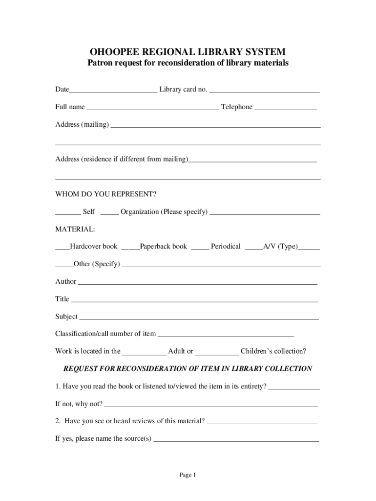 Fillable Online Patron request for reconsideration of library materials Fax Email Print - pdfFiller
