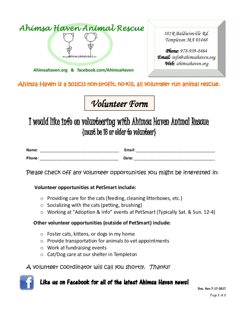 Fillable Online Ahimsa Haven Animal RescuePet Shelter in Templeton MA ...