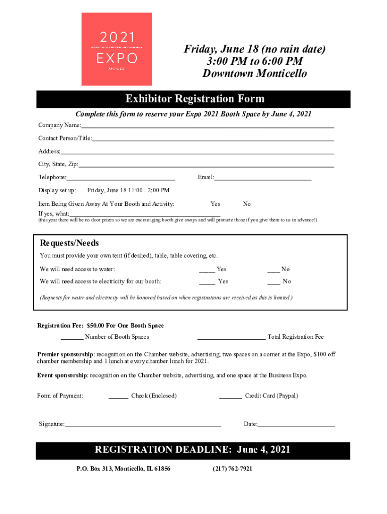 Fillable Online Exhibitor Registration Form Friday, June 18 (no rain ...