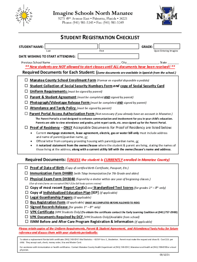 Fillable Online student registration checklist - Imagine School at ...