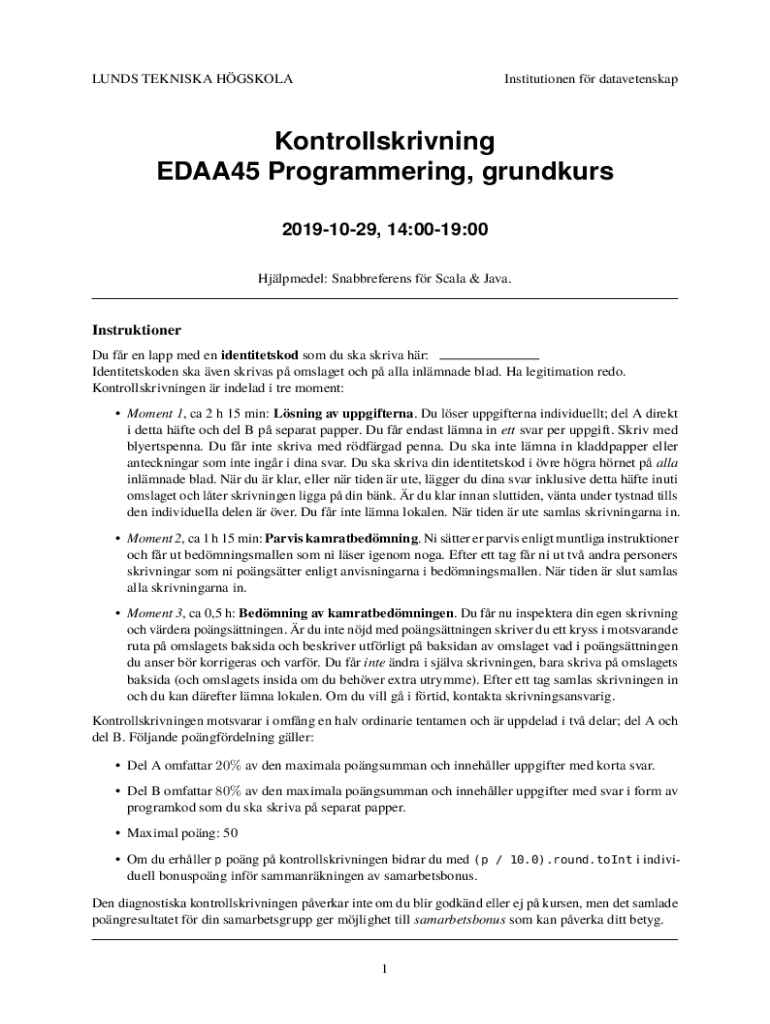 Fillable Online fileadmin cs lth EDAA45: Programmering, grundkurs (Scala) - Datavetenskap Fax ...