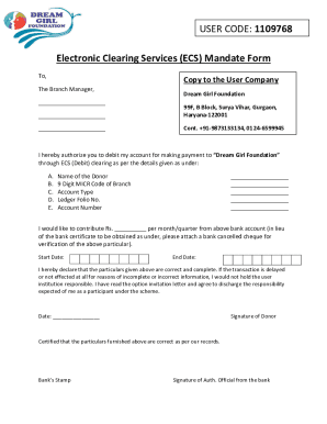 Fillable Online Electronic Clearing Services (ECS) Mandate Form USER CODE Fax Email Print ...