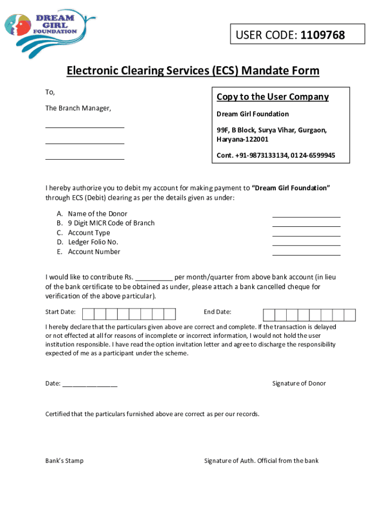 Fillable Online Electronic Clearing Services (ECS) Mandate Form USER CODE Fax Email Print ...