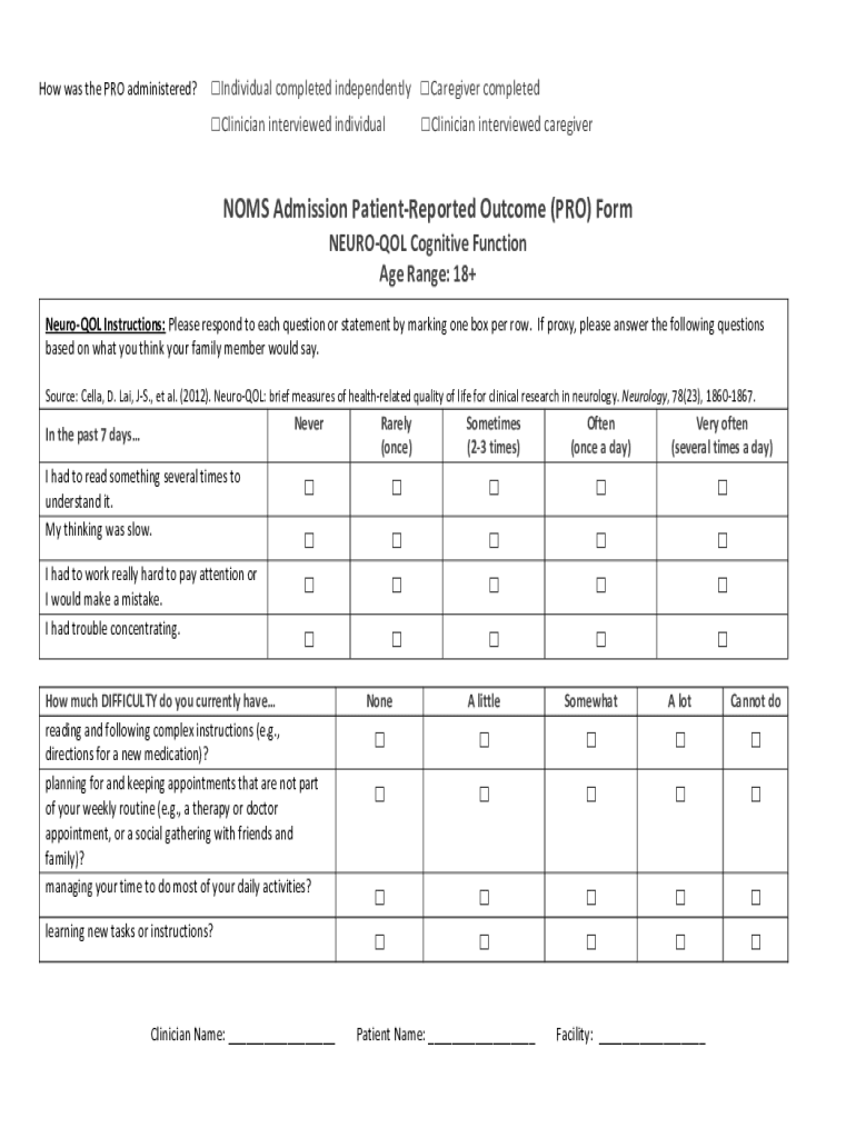 Fillable Online NOMS Admission Patient-Reported Outcome (PRO) Form ...