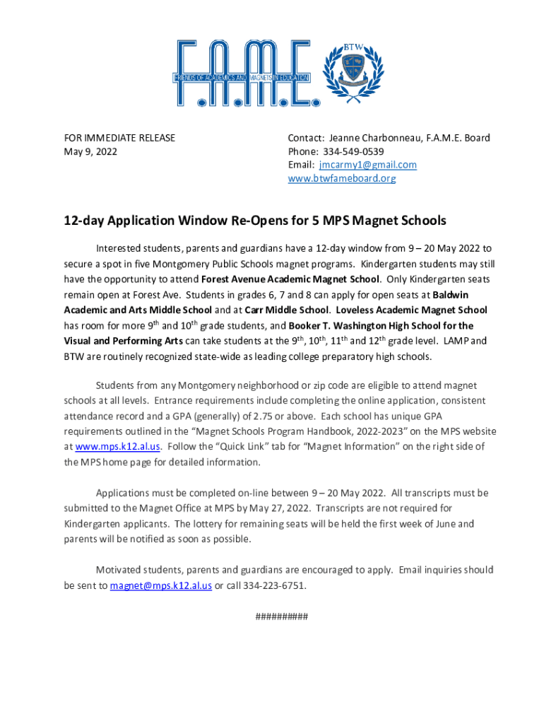 Fillable Online 12-day Application Window Re-Opens for 5 MPS Magnet ...