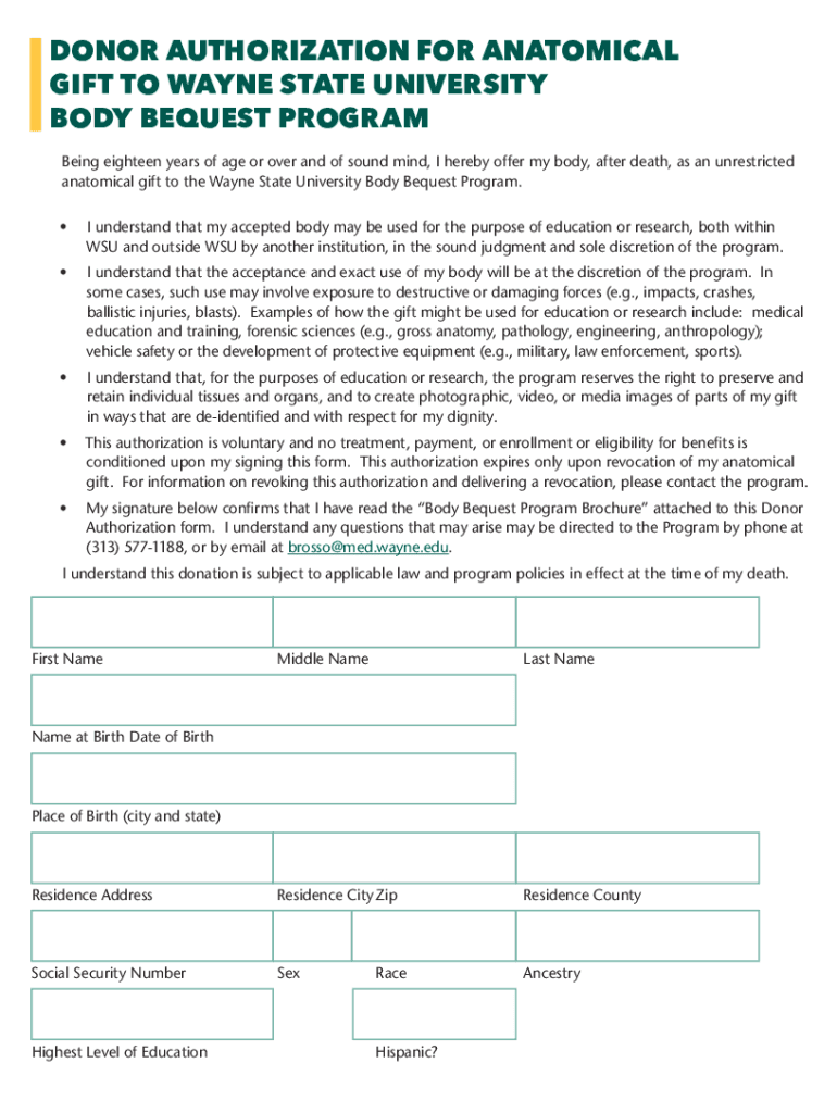 Fillable Online Donor Authorization for Anatomical Gift to the ...
