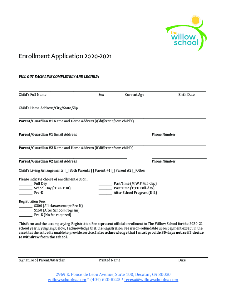 Fillable Online Enrollment Application 2020-2021 - The Willow School Fax Email Print - pdfFiller