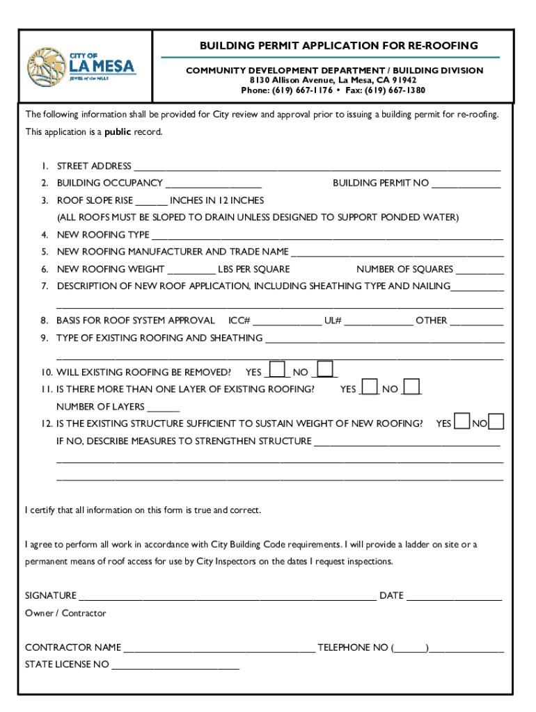 Fillable Online BUILDING PERMIT APPLICATION FOR RE-ROOFING Fax Email ...