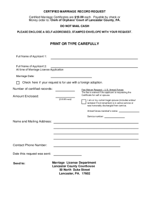 Fillable Online co lancaster pa Marriage Certificate Request Form 2021 ...