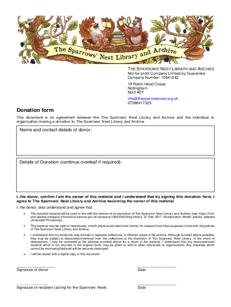 Fillable Online The Sparrows' Nest Library and Archive - Contact/Donations Fax Email Print ...
