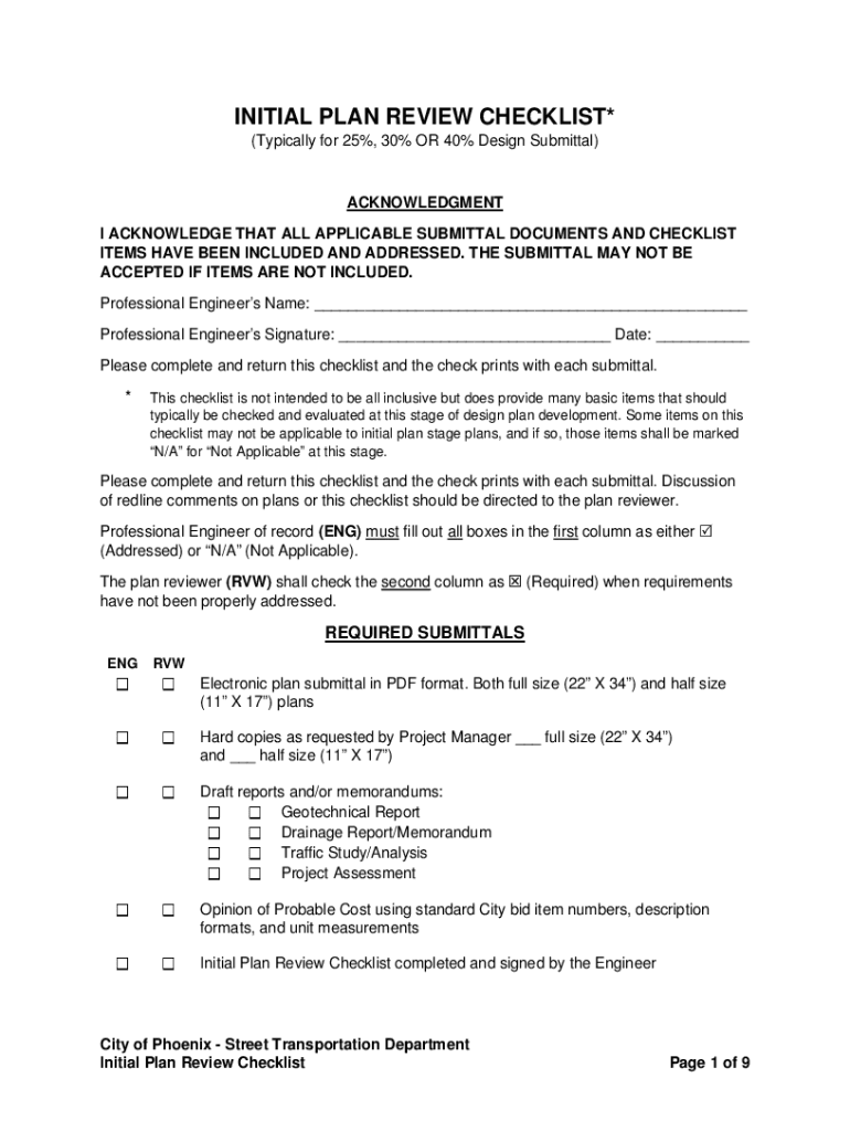 Fillable Online INITIAL PLAN REVIEW CHECKLIST* - City of Phoenix Fax ...