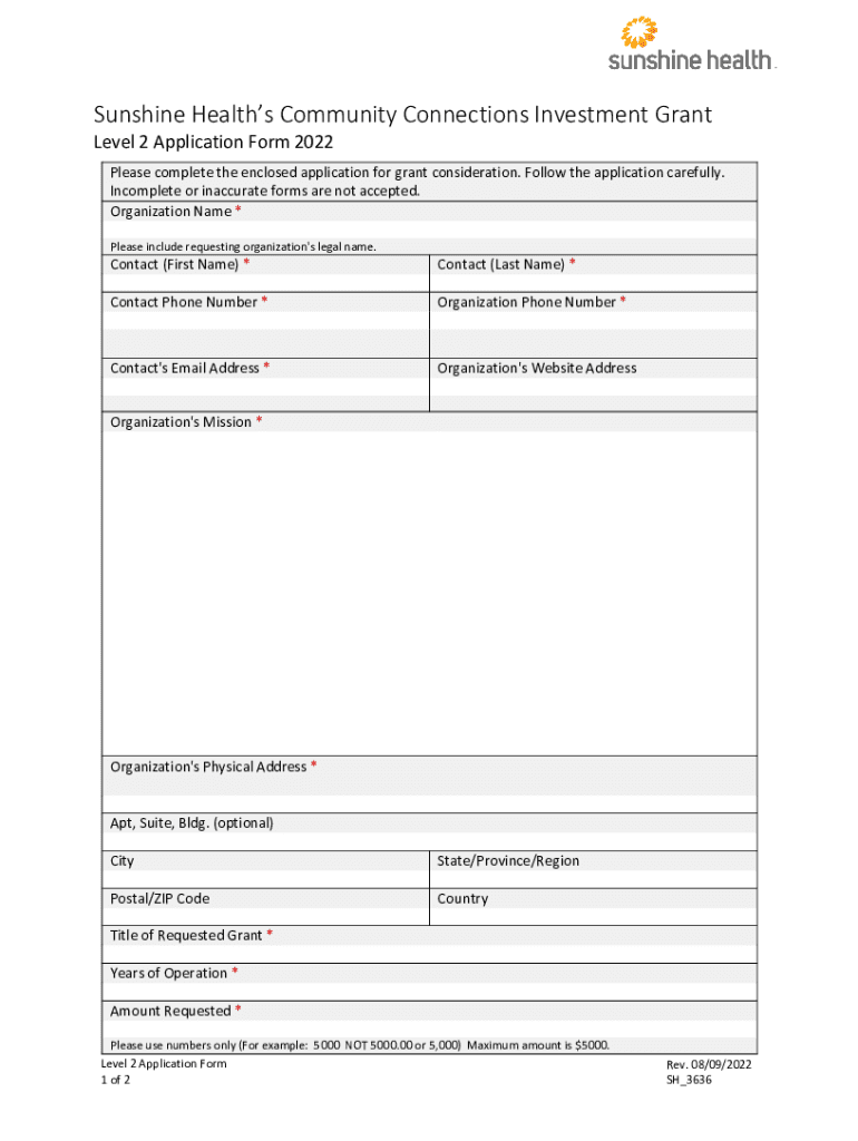 Fillable Online Sunshine Health's Community Connections Investment ...