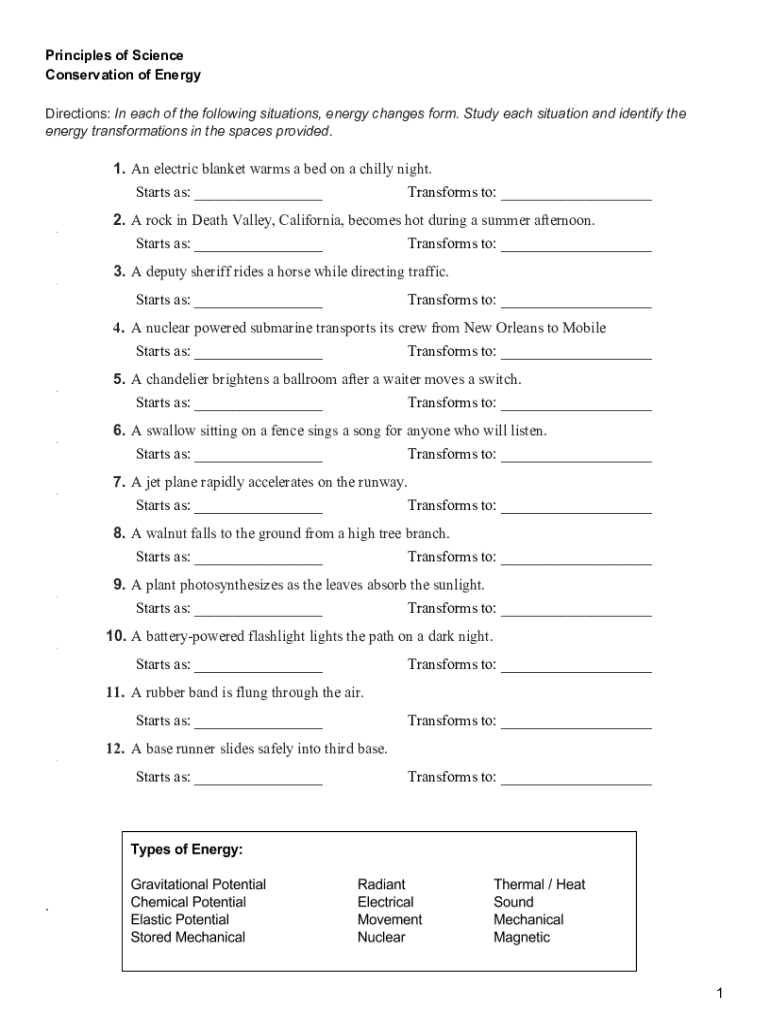 Fillable Online Types of Energy and Energy Transfers WORKSHEET Fax ...