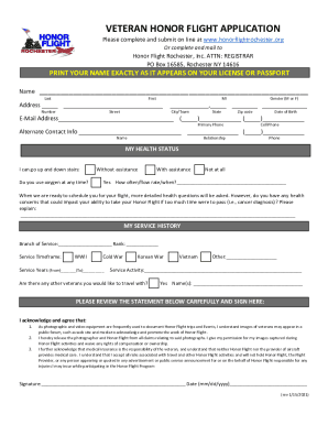 Fillable Online Veteran Application - Honor Flight Rochester Fax Email Print - pdfFiller