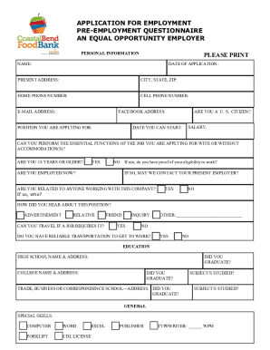 Fillable Online application for employment pre-employment questionnaire ...