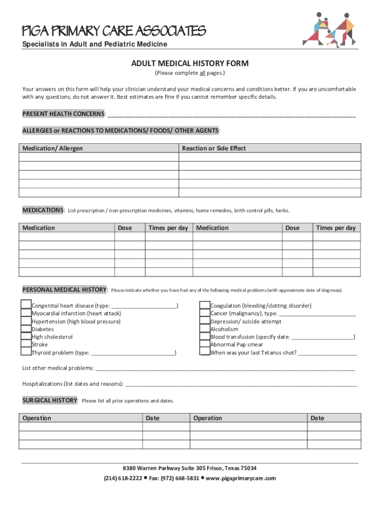 Fillable Online Pediatric History Form - Piga Primary Care Fax Email ...
