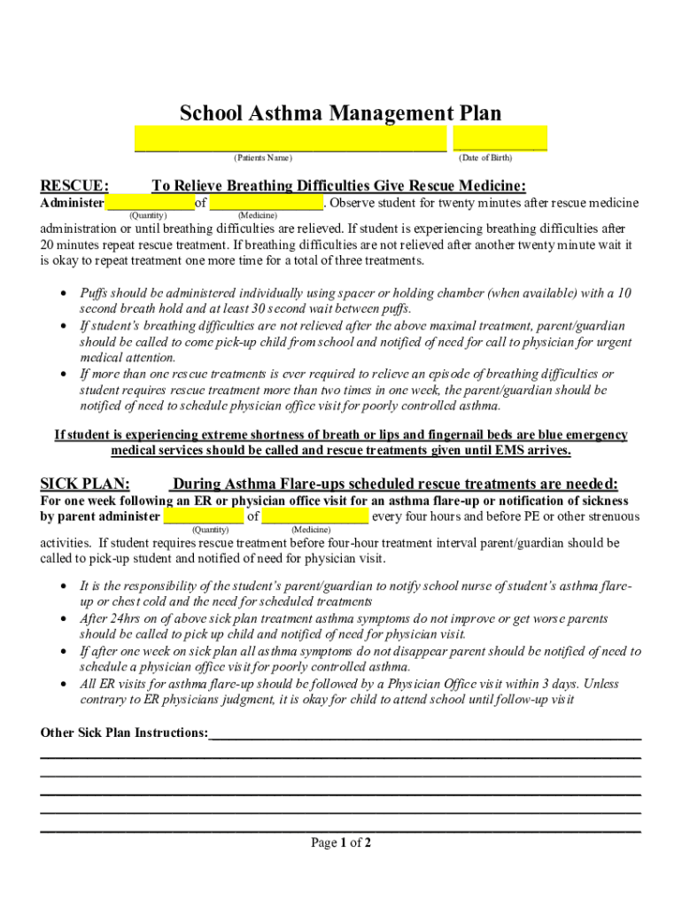 Fillable Online Asthma Action Plan - Parkside Pediatrics Fax Email ...