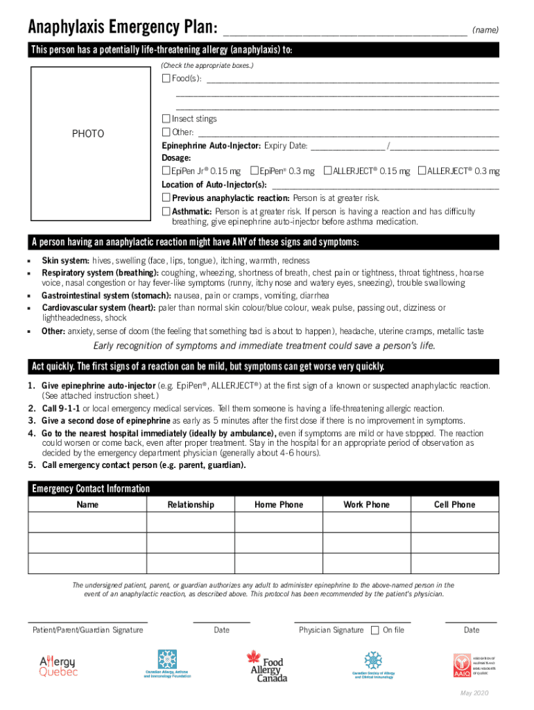Fillable Online Plan of Care and Individual Care Plan - Anaphylaxis Fax ...