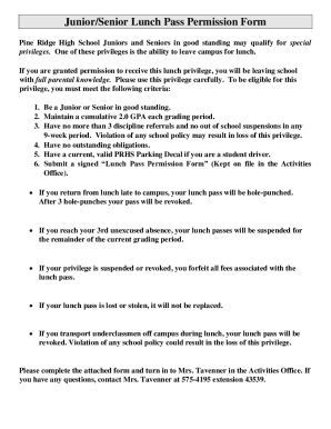 Fillable Online Junior/Senior Lunch Pass Permission Form Fax Email ...