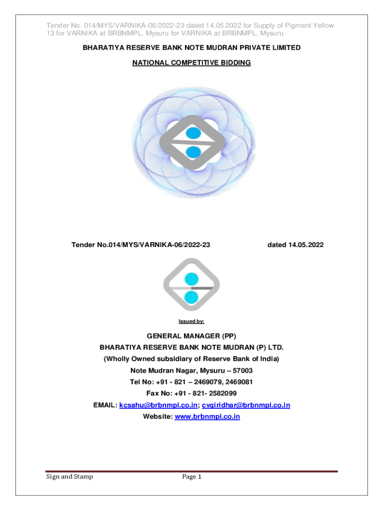 Fillable Online Tender - Bharatiya Reserve Bank Note Mudran Fax Email Print - pdfFiller