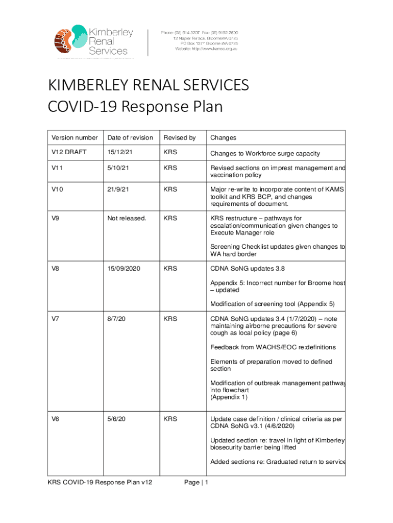 Fillable Online KIMBERLEY RENAL SERVICES COVID-19 Response Plan Fax Email Print - pdfFiller