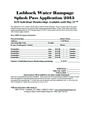 Fillable Online Lubbock Water Rampage - Splash Pass Application 2015 Fax Email Print - pdfFiller